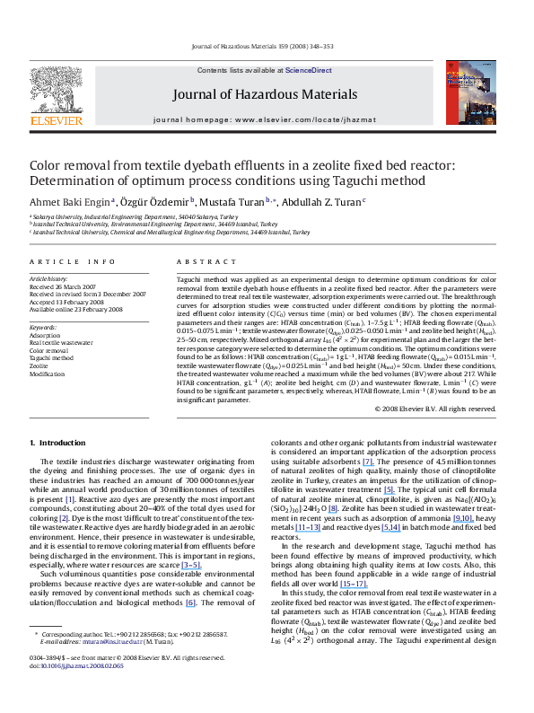 (PDF) Color removal from textile dyebath effluents in a zeolite fixed bed reactor: Determination ...