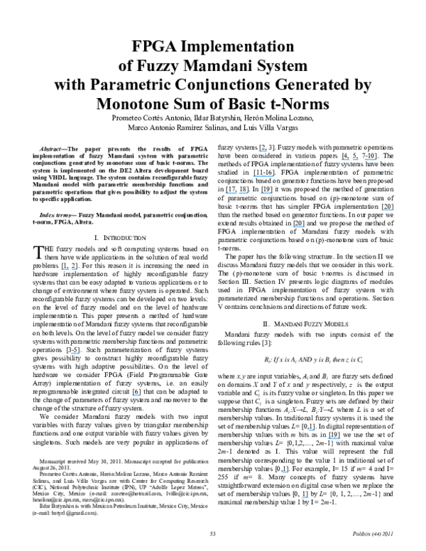Pdf Fpga Implementation Of Fuzzy Mamdani System With Parametric Conjunctions Generated By