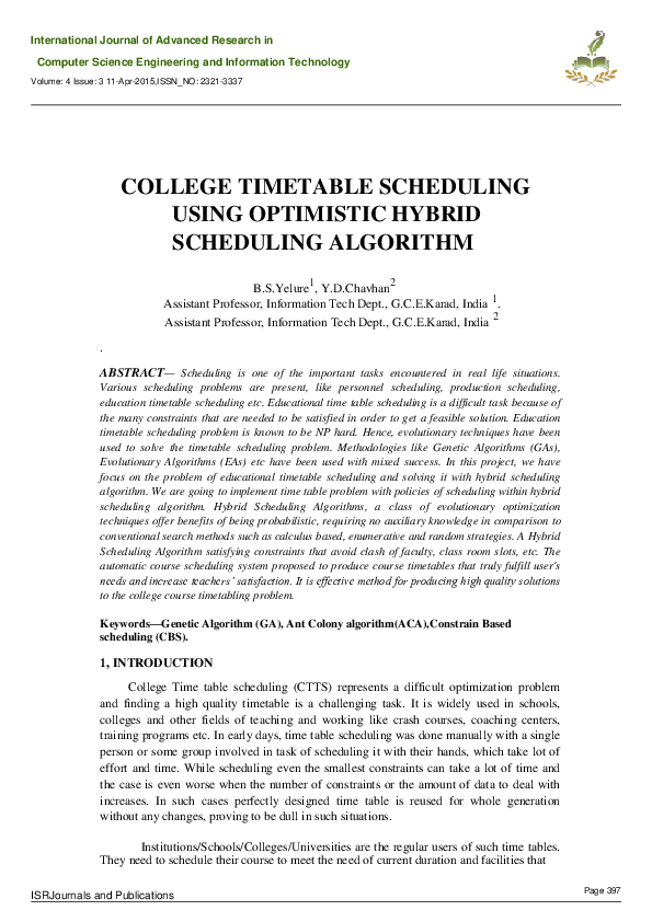 Pdf College Timetable Scheduling Using Optimistic Hybrid Scheduling Algorithm