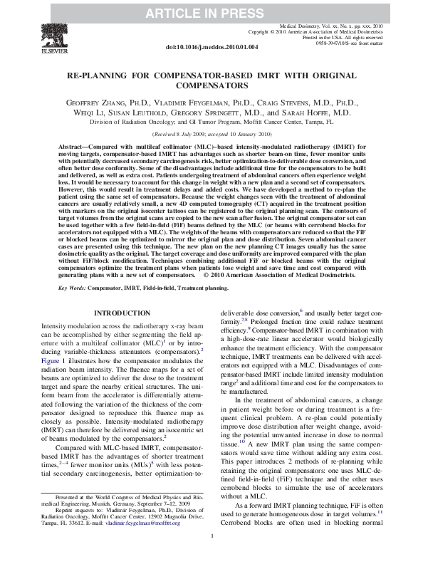 (PDF) Re-Planning for Compensator-Based IMRT with Original Compensators