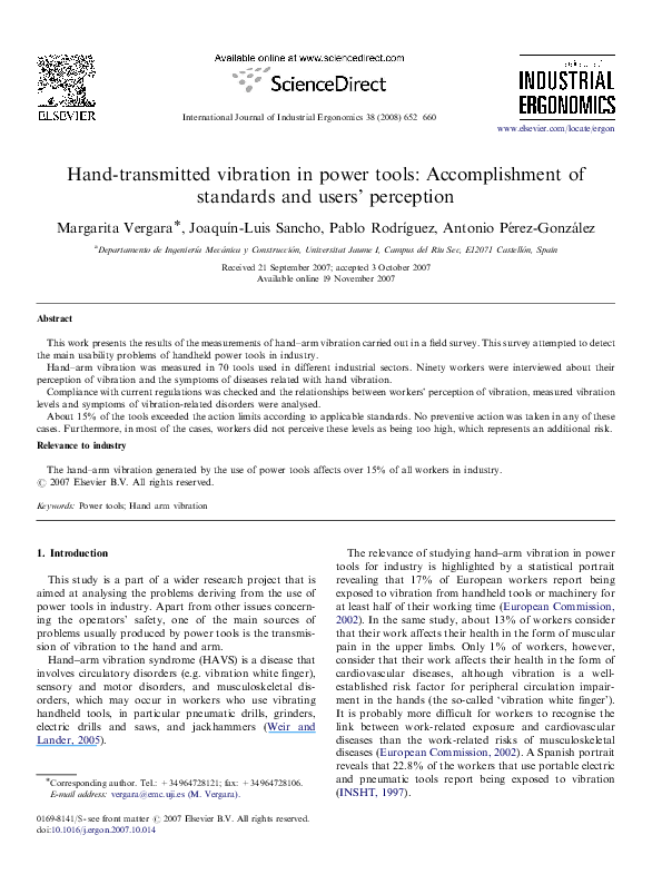 (PDF) Hand-transmitted vibration in power tools: Accomplishment of ...