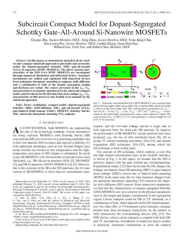 (PDF) Subcircuit Compact Model for Dopant-Segregated Schottky Gate-All-Around Si-Nanowire MOSFETs