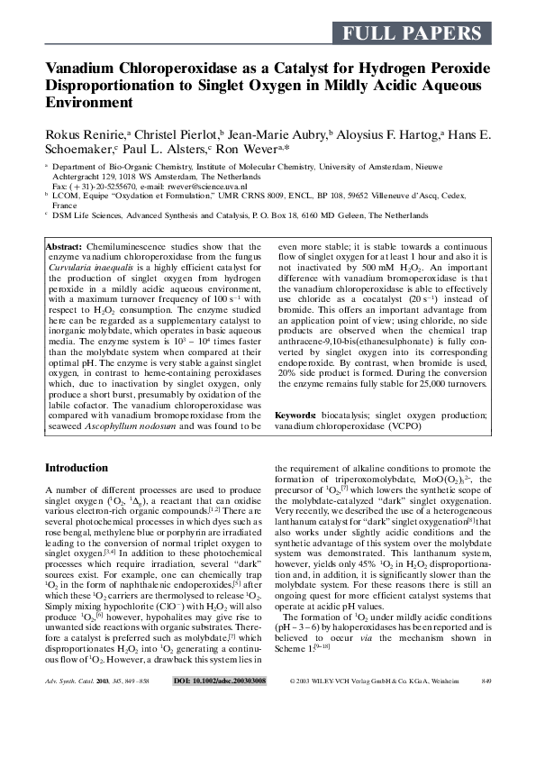 (PDF) Vanadium Chloroperoxidase as a Catalyst for Hydrogen Peroxide ...