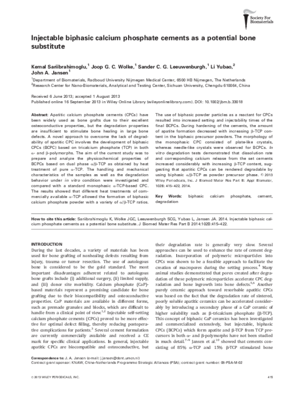 (PDF) Injectable biphasic calcium phosphate cements as a potential bone substitute | Joop Wolke ...