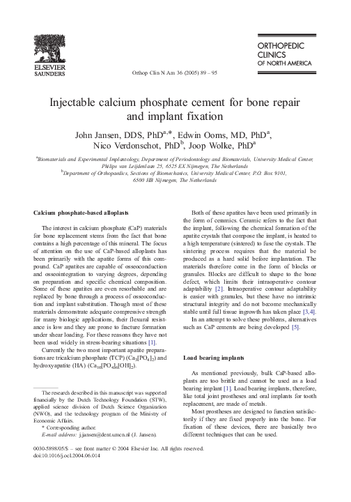 (PDF) Injectable calcium phosphate cement for bone repair and implant ...