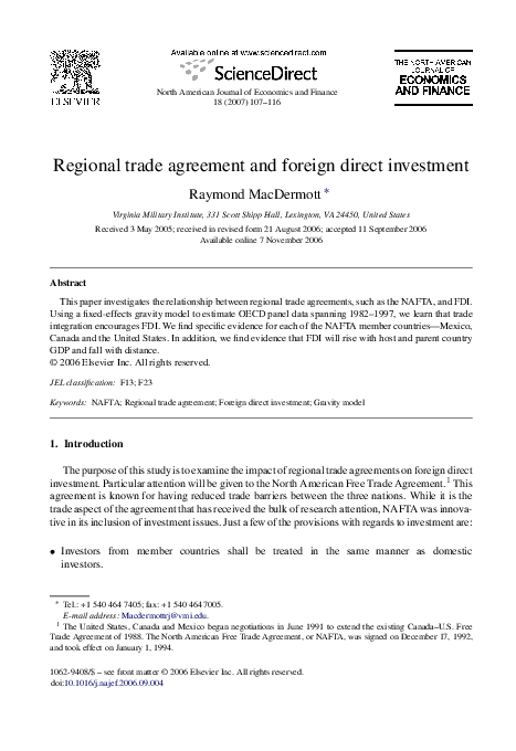 (PDF) Regional trade agreement and foreign direct investment