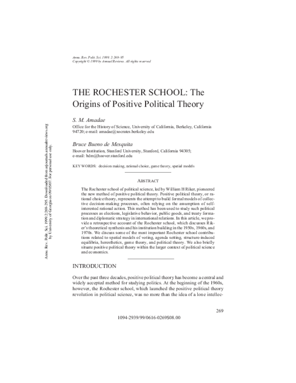 (PDF) THE ROCHESTER SCHOOL: The Origins of Positive Political Theory