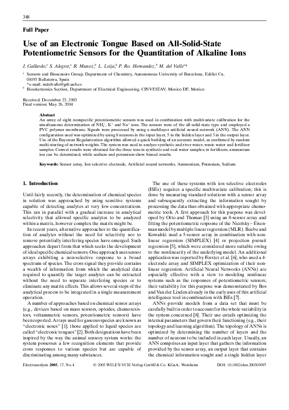 Pdf Use Of An Electronic Tongue Based On All Solid State Potentiometric Sensors For The