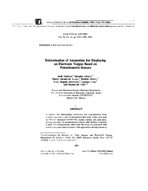 Pdf Electronic Tongue Based On An Array Of Metallic Potentiometric Sensors Roberto Paolesse