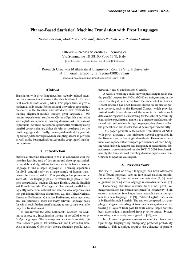 (PDF) Phrase-Based Statistical Machine Translation with Pivot Languages | Madalina Barbaiani ...