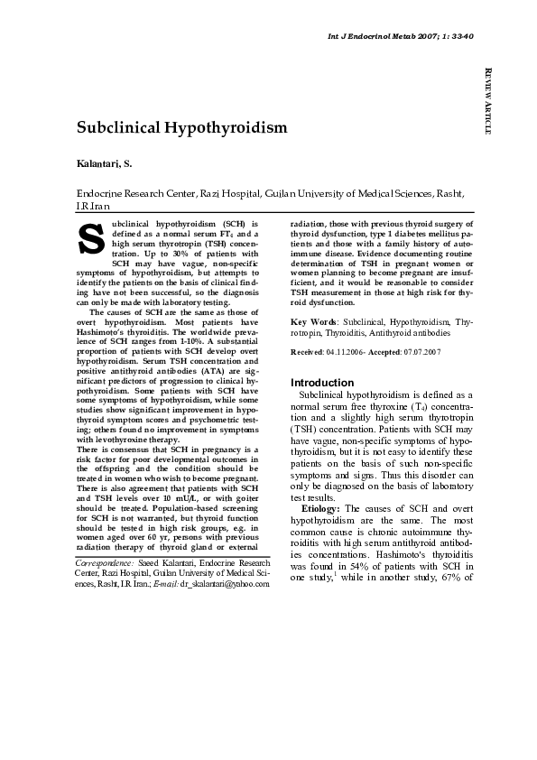 (PDF) Subclinical Hypothyroidism