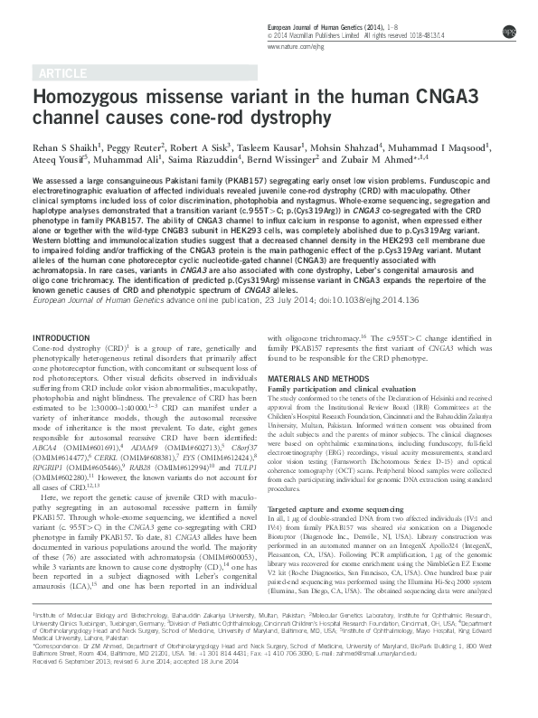 (PDF) Homozygous missense variant in the human CNGA3 channel causes cone-rod dystrophy