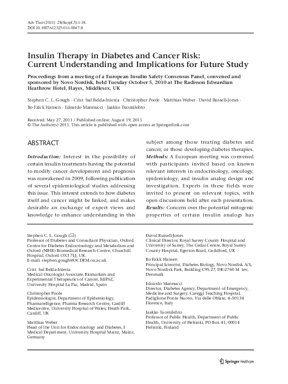 (PDF) Insulin therapy in diabetes and cancer risk: Current ...