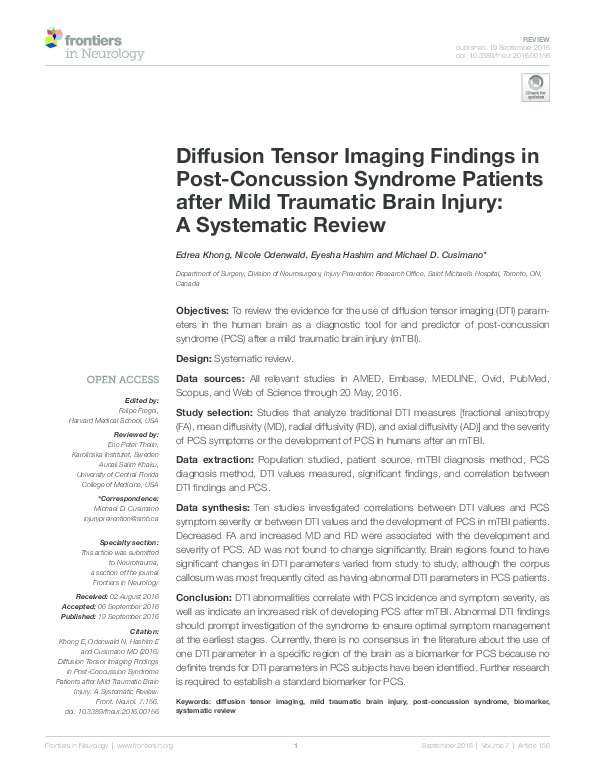 (PDF) Diffusion Tensor imaging Findings in Post-Concussion Syndrome ...