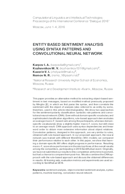 Pdf Entity Based Sentiment Analysis Using Syntax Patterns And Convolutional Neural Network