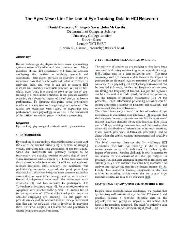 (PDF) The Eyes Never Lie: The Use of Eye Tracking Data in HCI Research
