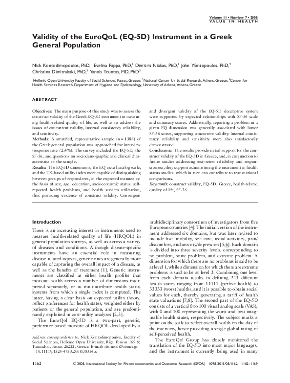 (PDF) Validity of the EuroQoL (EQ-5D) Instrument in a Greek General ...
