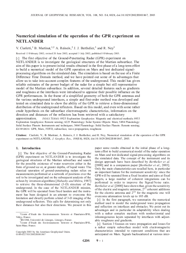 (PDF) Numerical simulation of the operation of the GPR experiment on NETLANDER