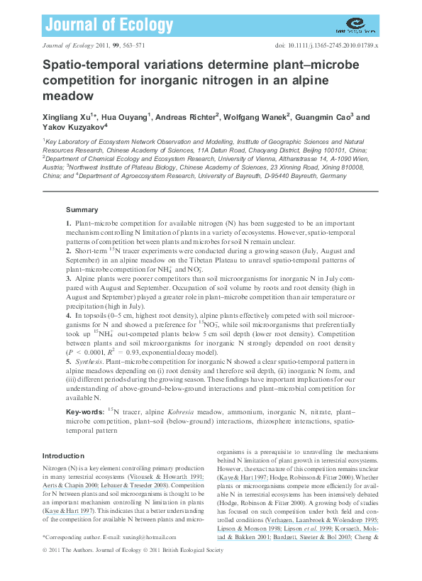 (PDF) Spatio-temporal variations determine plant-microbe competition for inorganic nitrogen in ...
