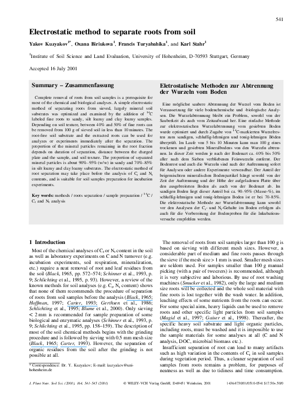(PDF) Electrostatic method to separate roots from soil