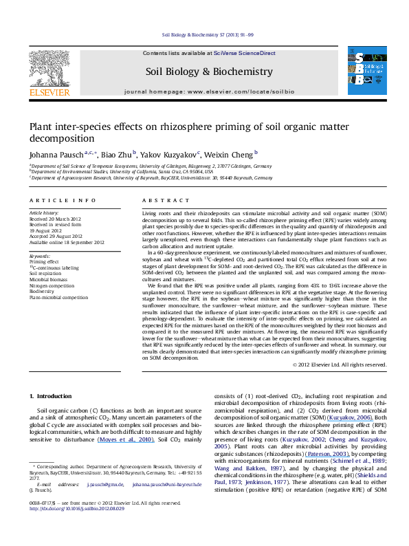 (PDF) Plant inter-species effects on rhizosphere priming of soil organic matter decomposition
