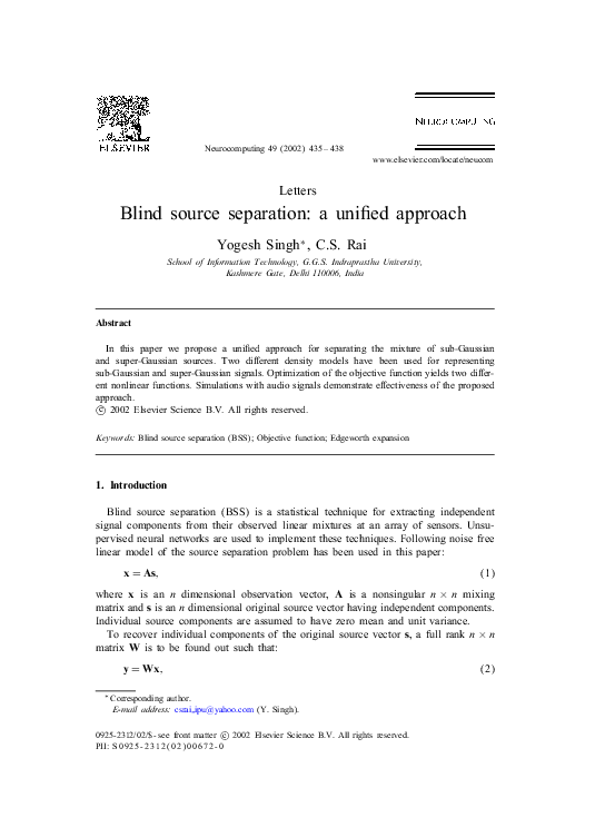 Pdf Blind Source Separation A Unified Approach