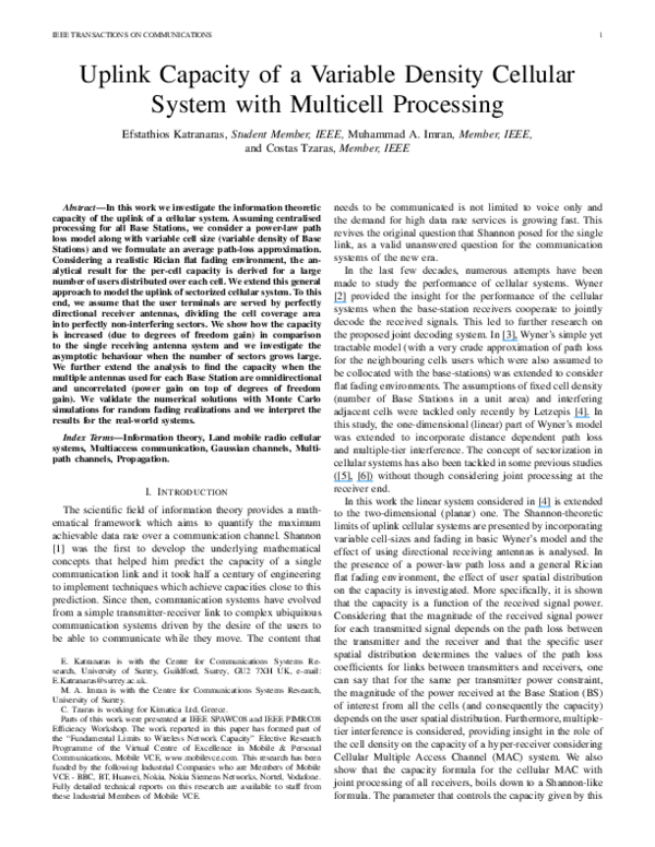 Pdf Uplink Capacity Of A Variable Density Cellular System With