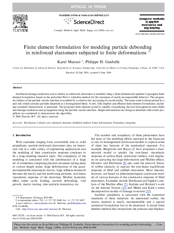 Pdf Finite Element Formulation For Modeling Particle Debonding In