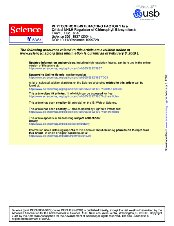 (PDF) PHYTOCHROME-INTERACTING FACTOR 1 Is a Critical bHLH Regulator of Chlorophyll Biosynthesis