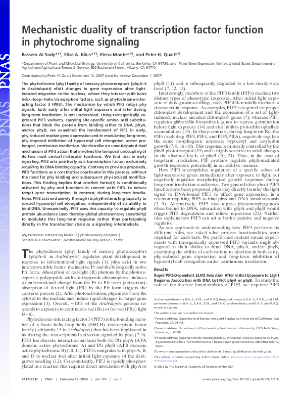 (PDF) Mechanistic duality of transcription factor function in phytochrome signaling