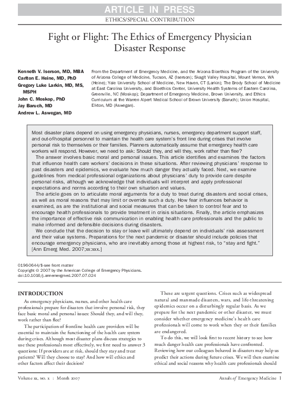 (PDF) Fight or Flight: The Ethics of Emergency Physician Disaster Response