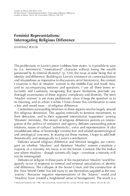 Pdf Feminist Representations Interrogating Religious Difference
