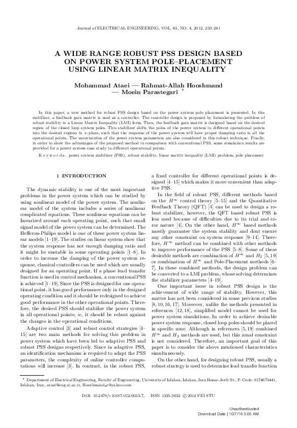 (PDF) A Wide Range Robust PSS Design Based on Power System Pole ...