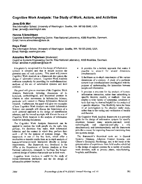 (PDF) Cognitive work analysis: The study of work, actors, and activities