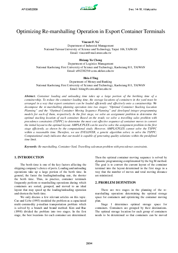 (PDF) Optimizing Re-marshalling Operation in Export Container Terminals