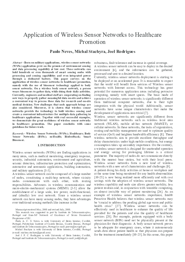 (PDF) Application of Wireless Sensor Networks to Healthcare Promotion