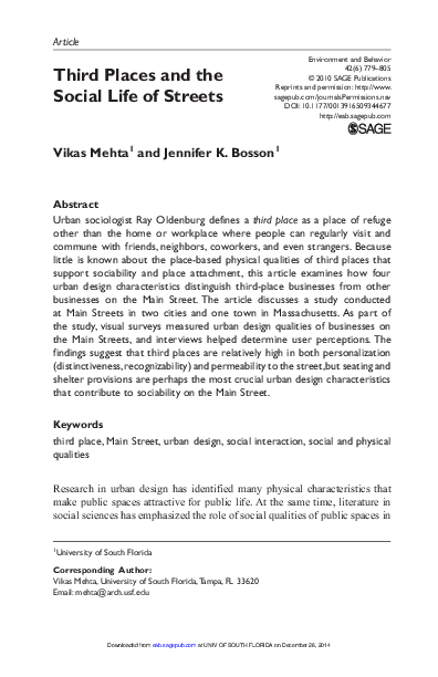 (PDF) Third Places and the Social Life of Streets