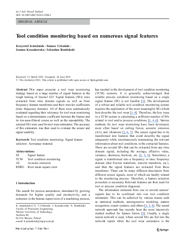 Pdf Tool Condition Monitoring Based On Numerous Signal Features