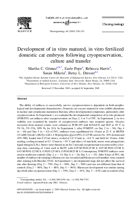 (PDF) Development of in vitro matured, in vitro fertilized domestic cat ...