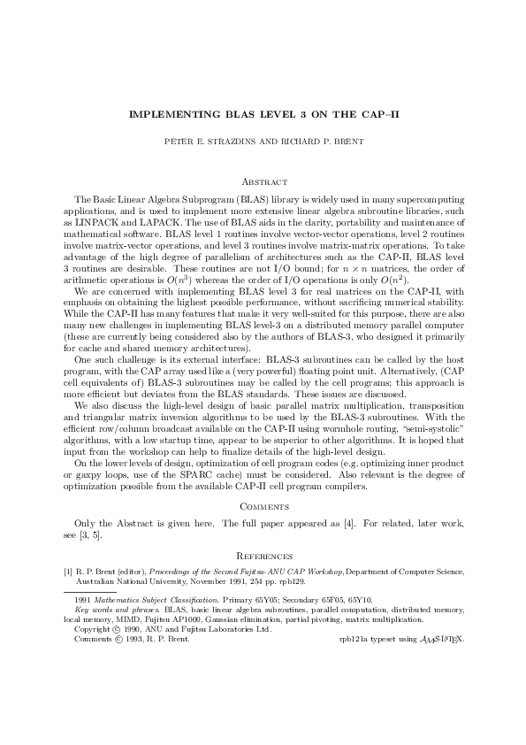 (PDF) Implementing BLAS Level 3 on the CAP-II | Peter Strazdins - Academia.edu