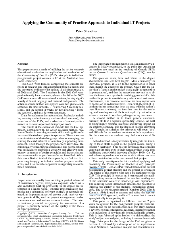(PDF) Applying the community of practice approach to individual IT projects