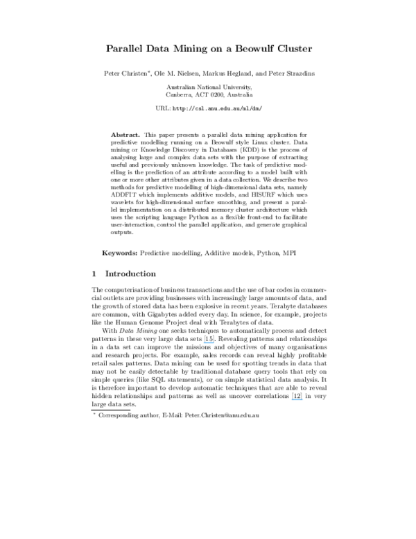 (PDF) Parallel Data Mining on a Beowulf Cluster | Peter Strazdins - Academia.edu