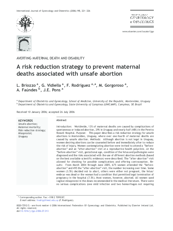 (PDF) A risk reduction strategy to prevent maternal deaths associated ...