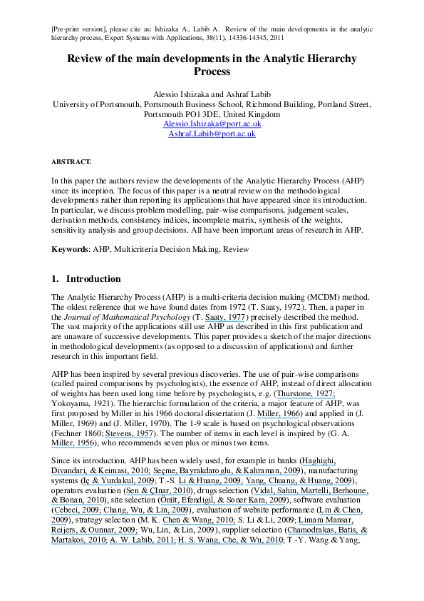 (PDF) Review of the main developments in the analytic hierarchy process