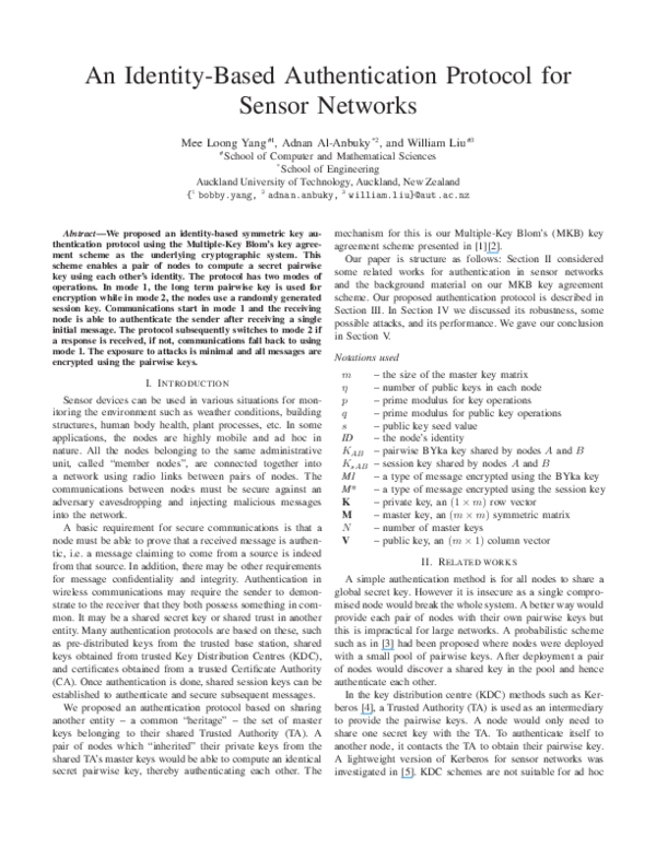 Pdf An Identity Based Authentication Protocol For Sensor Networks