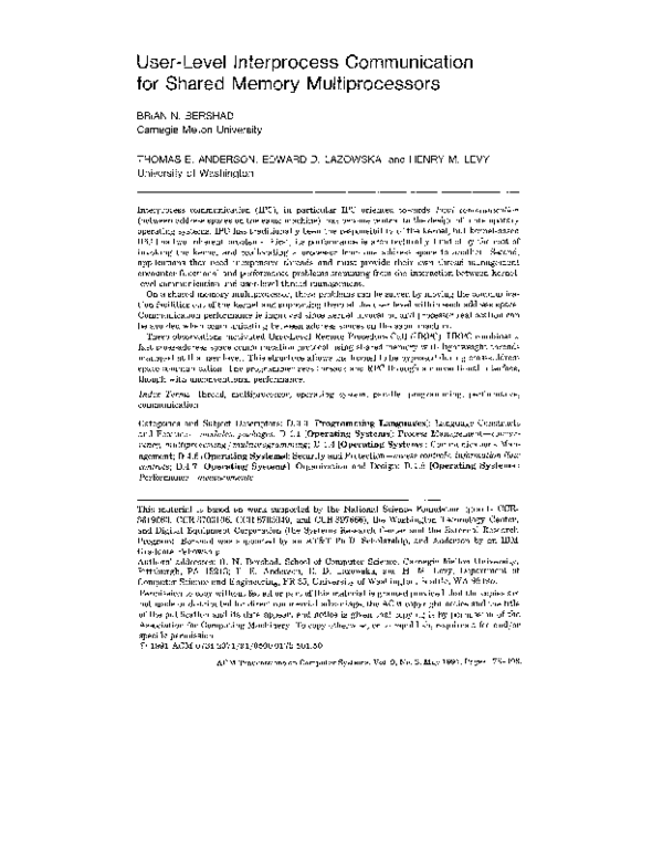 (PDF) User-level interprocess communication for shared memory multiprocessors | Ed Lazowska ...