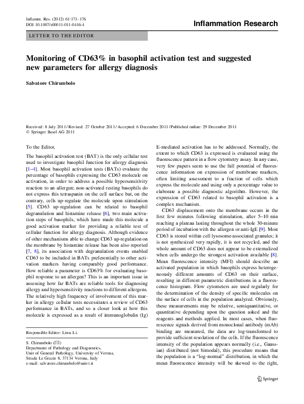 (PDF) Monitoring of CD63% in basophil activation test and suggested new ...
