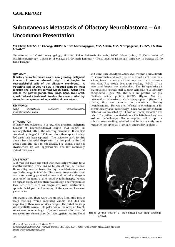 Pdf Subcutaneous Metastasis Of Olfactory Neuroblastoma An Uncommon Presentation