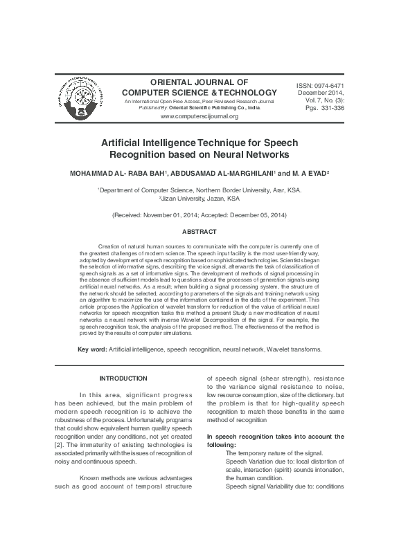 (PDF) ORIENTAL JOURNAL OF COMPUTER SCIENCE & TECHNOLOGY Artificial Intelligence Technique for ...
