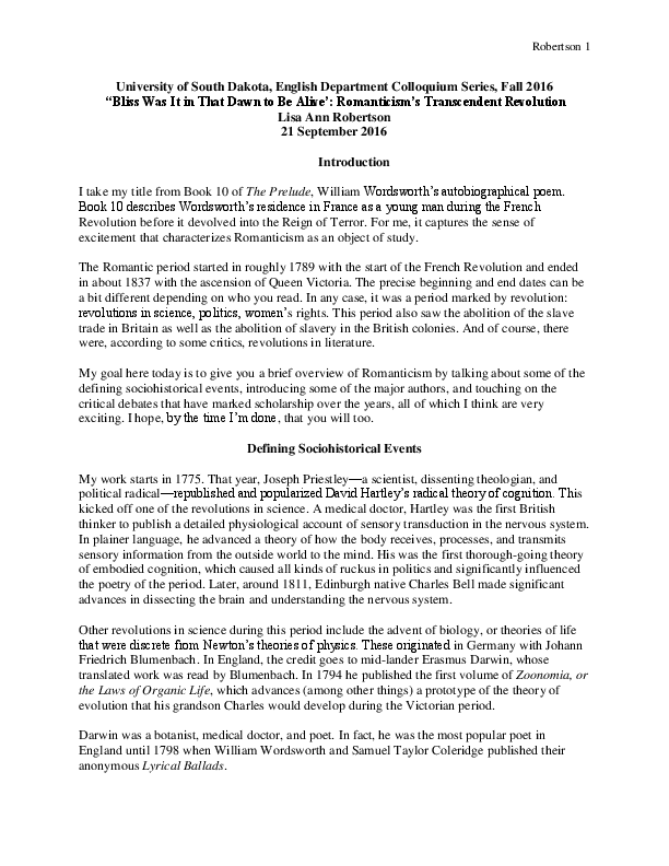 (PDF) " Bliss Was It in That Dawn to Be Alive': Romanticism's ...